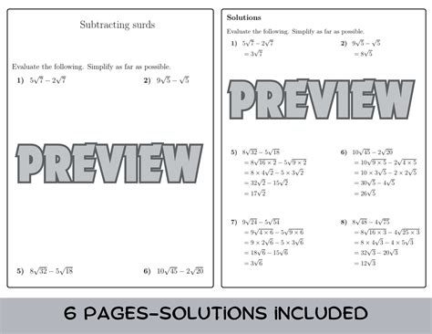 Subtracting Surds Worksheet With Answers Teaching Resources