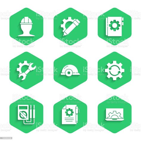 작업자 안전 헬멧 문서 설정 및 펜 노트북 기어 기어 화살표를 워크플로우 멀티미터 렌치 스패너 사용자 설명서 및 아이콘으로