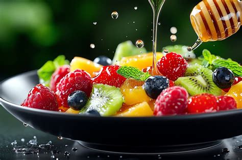 A Honey Drizzle Captured In Mid Air Falling Onto A Bowl Of Fresh Fruit With Each Drop
