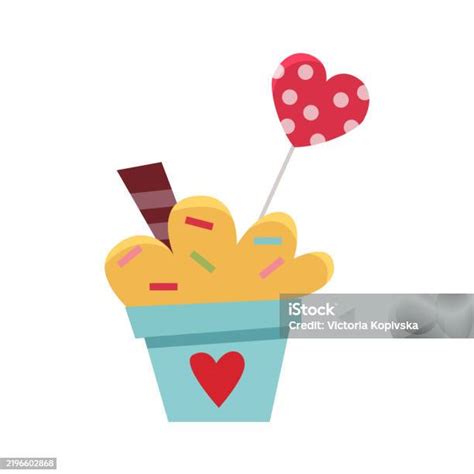 하트 모양의 사탕을 곁들인 축제 컵 케이크 발렌타인 데이 생일 결혼식 또는 기념일 손으로 그린 벡터 그림입니다 결혼식에 대한
