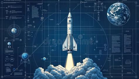 Rocket Launch Illustration With Tech Schematic Design Planetary