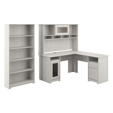 Bush Furniture Cabot L Shaped Desk With Hutch And Bookcase In Linen White