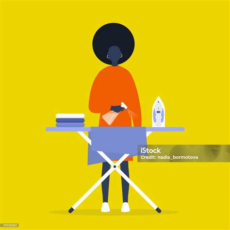 젊은 흑인 여성 캐릭터 다림질 옷 집안일 일상 밀레니엄 라이프 스타일 플랫 편집 가능한 벡터 일러스트레이션 클립 아트 빨래에