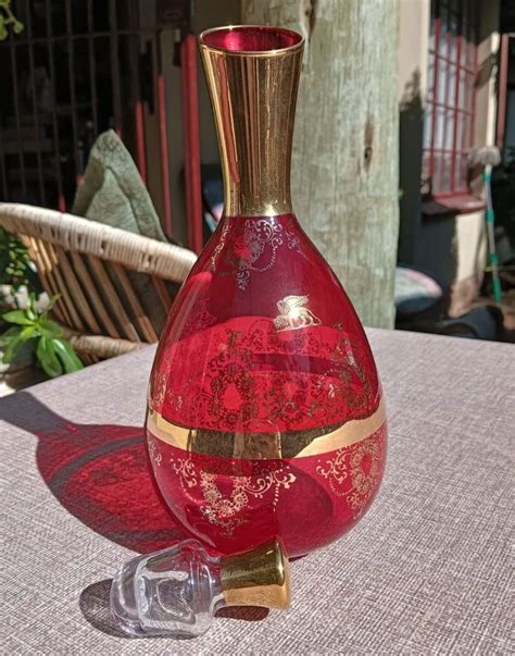 Decanters Vintage Ferro And Lazzarini Murano Red Glass 24k Leaf Gold