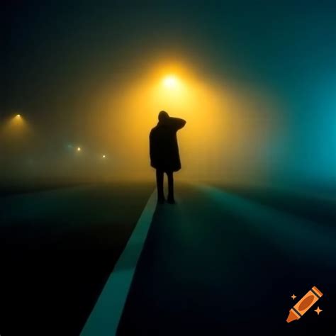 Foggy Road With Glowing Streetlight And A Solitary Man Holding A