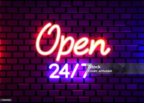 24 7 네온 신보드 벡터 하루 종일 네온 사인 디자인 템플릿 현대적인 트렌드 디자인 야간 간판 야간 밝은 광고 조명 배너를 엽니다 0명에 대한 스톡 벡터 아트 및 기타