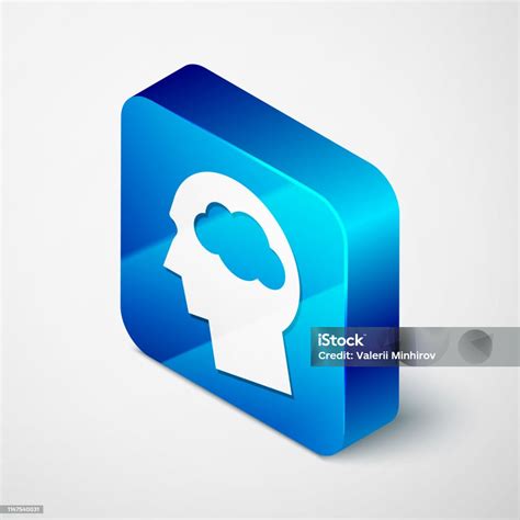 흰색 배경에 고립 된 구름 아이콘 아이소메트릭 머리 실루엣 꿈 기호입니다 파란색 사각형 버튼을 클릭 합니다 벡터 일러스트 개념에 대한 스톡 벡터 아트 및 기타 이미지