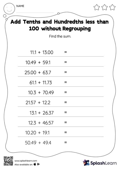 Add Tenths And Hundredths Less Than 100 Without Regrouping Horizontal