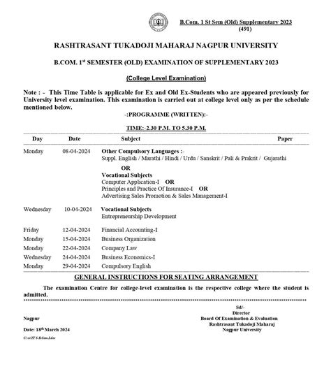 Rtmnu Bcom 1 Sem Time Table Summer 2024