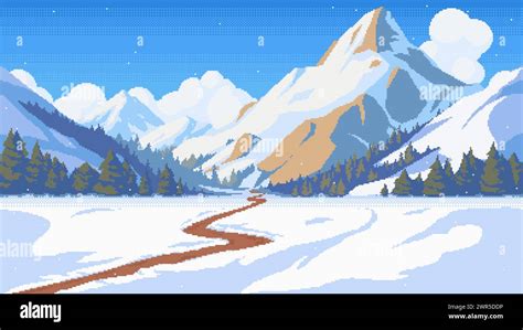 Pixel Winter Mountain Landscape Spruce Forest Path Through The Snow