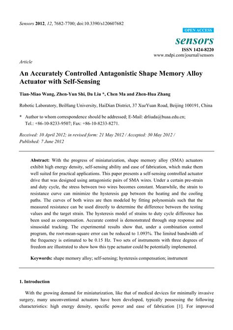 Pdf An Accurately Controlled Antagonistic Shape Memory Alloy Actuator With Self Sensing