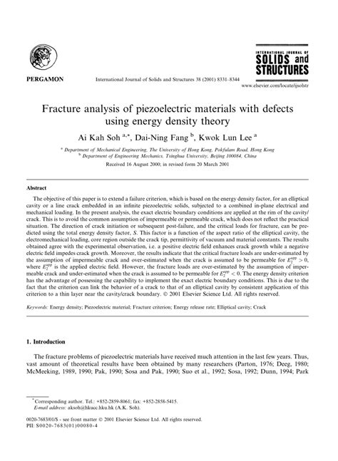 Pdf Fracture Analysis Of Piezoelectric Materials With Defects Using Energy Density Theory