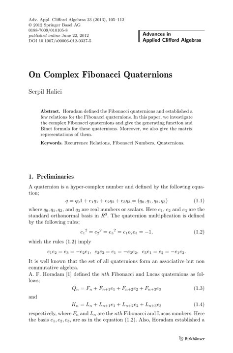 Pdf On Complex Fibonacci Quaternions