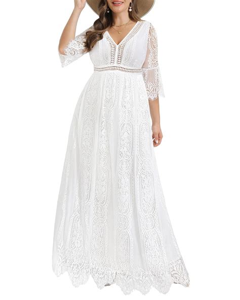 Women Plus Size White Maxi Long Lace Boho Wedding Bohemian Flowy