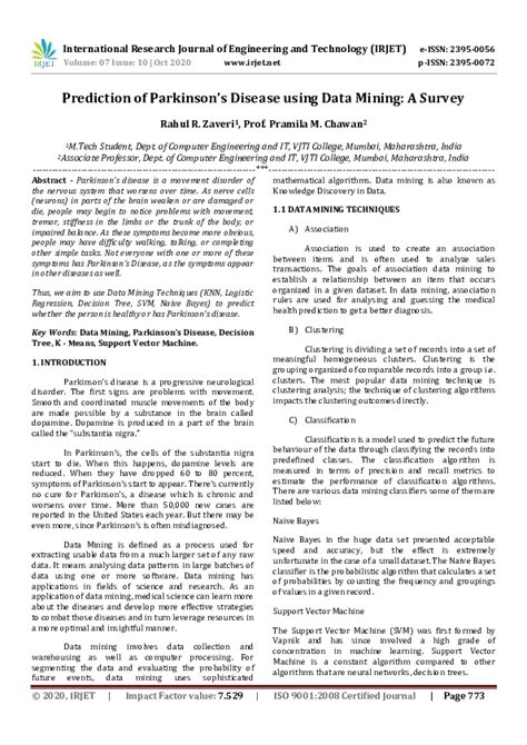 pdf irjet prediction of parkinson s disease using data mining a survey