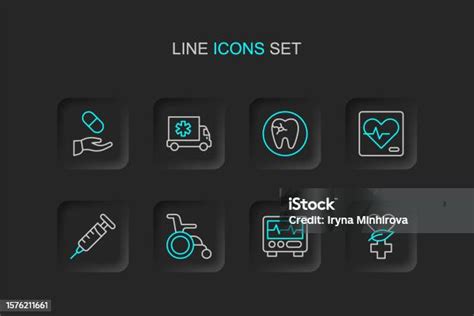 라인 Ethnoscience 심전도 모니터 장애인 용 휠체어 주사기 심박수 치아 우식증 구급차 및 의료 처방 아이콘을 설정합니다
