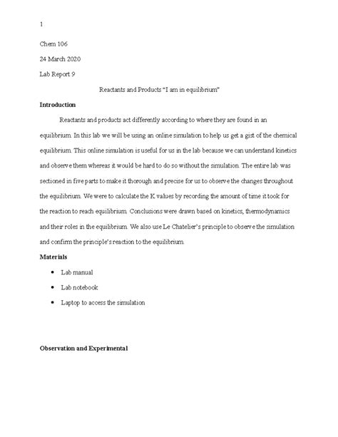 Lab Report 9 Chem 106 24 March 2020 Lab Report 9 Reactants And Products I Am In Equilibrium