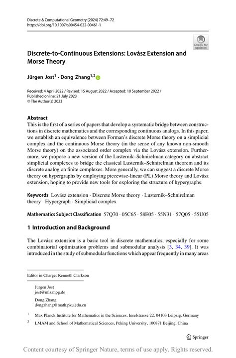 Pdf Discrete To Continuous Extensions Lovász Extension And Morse Theory