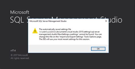 sql server the automatically saved settings file newsettings