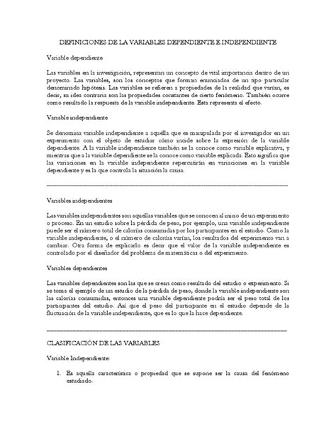 Definición De Variables Dependientes E Independientes Pdf Variables