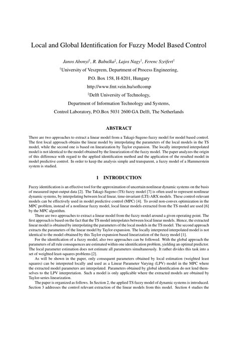Pdf Local And Global Identification For Fuzzy Model Based Control