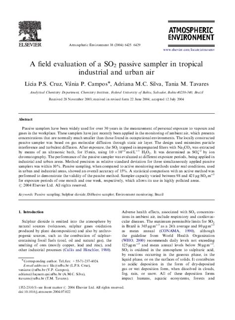 Pdf A Field Evaluation Of A So2 Passive Sampler In Tropical Industrial And Urban Air