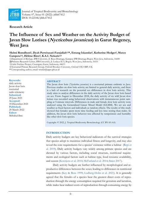 Pdf The Influence Of Sex And Weather On The Activity Budget Of Javan Slow Lorises Nycticebus