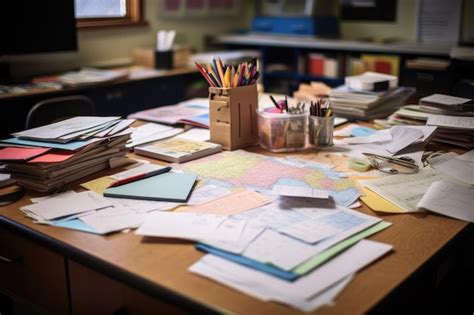 A Cluttered Desk Filled With Numerous Papers And Pencils An Organized