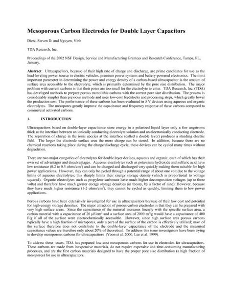 Mesoporous Carbon Electrodes For Double Layer Capacitors