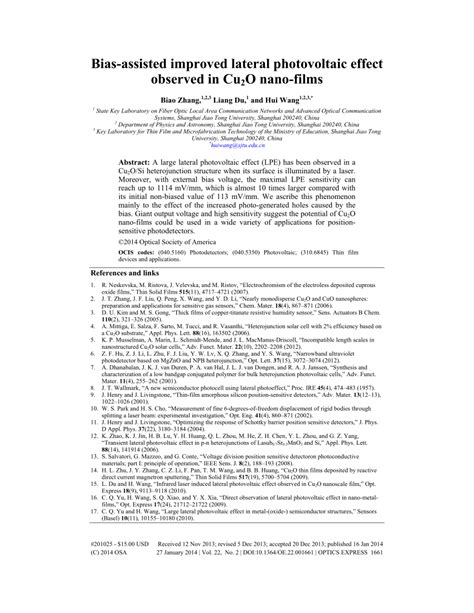Pdf Bias Assisted Improved Lateral Photovoltaic Effect Observed In Cu2o Nano Films