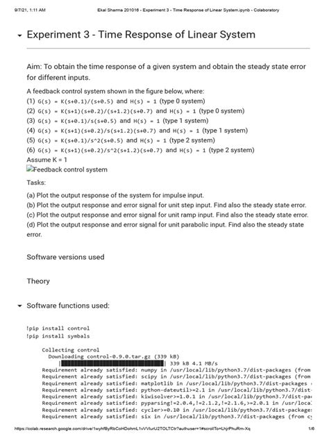 Time Response Of Linear System Ipynb Colaboratory Pdf Control Theory Electronics