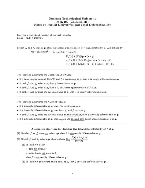 Mh2100 Calculus Iii Notes On Partial Derivatives And Differentiability