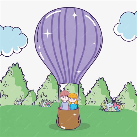 Парень и девушка в воздушном шаре Премиум векторы