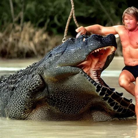 Shirtless Steve Irwin Fighting A Crocodile Inside The Stable