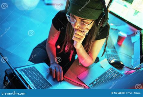 Laptop Woman And Hacker Thinking With Music And Programming For Cybersecurity Neon Top View