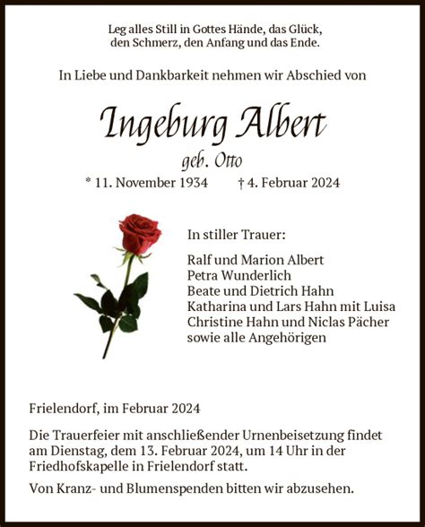 Traueranzeigen Von Ingeburg Albert Trauer Hna De