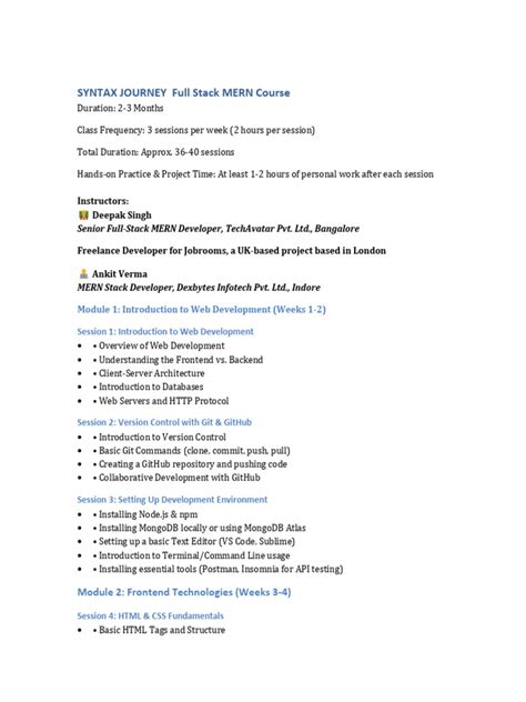Full Mern Stack Course Syllabus Syntax Journey Pdf Document Object Model Java Script