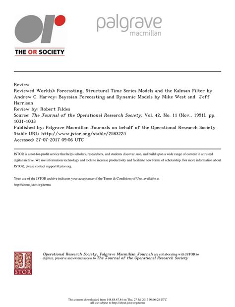 Pdf Forecasting Structural Time Series Models And The Kalman Filter