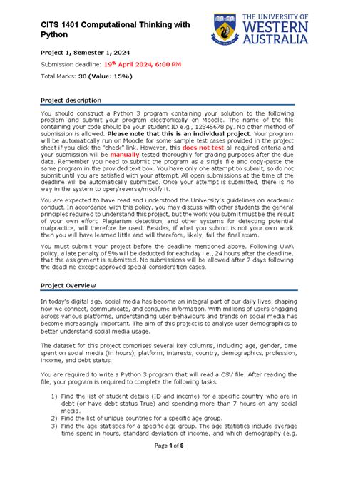 Cits1401 Project 1 S1 2024 Final Python Project 1 Semester 1 2024