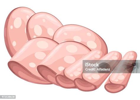 살라미 소시지 조각 고기 조제 제품입니다 벡터 만화 스타일에 미식 그림입니다 흰색 바탕에 벡터 그림입니다 웹 사이트 페이지 및 모바일 애플 리 케이 션 디자인 가공육에 대한