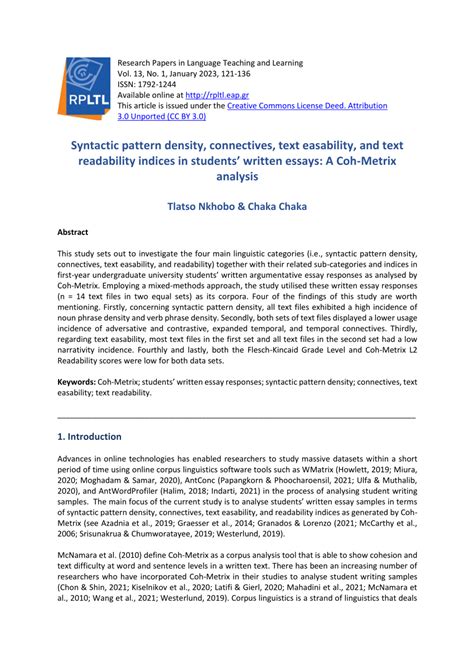 Pdf Syntactic Pattern Density Connectives Text Easability And Text