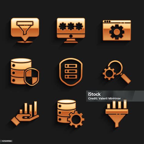 Set Server With Shield And Gear Sales Funnel Chart Magnifying Glass Pie Infographic Browser