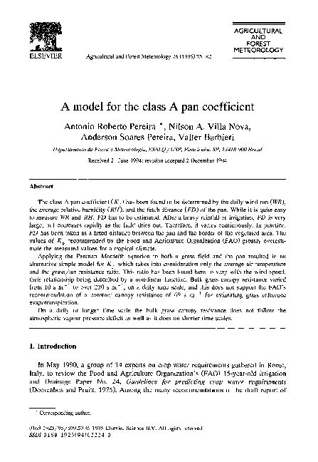 Pdf A Model For The Class A Pan Coefficient