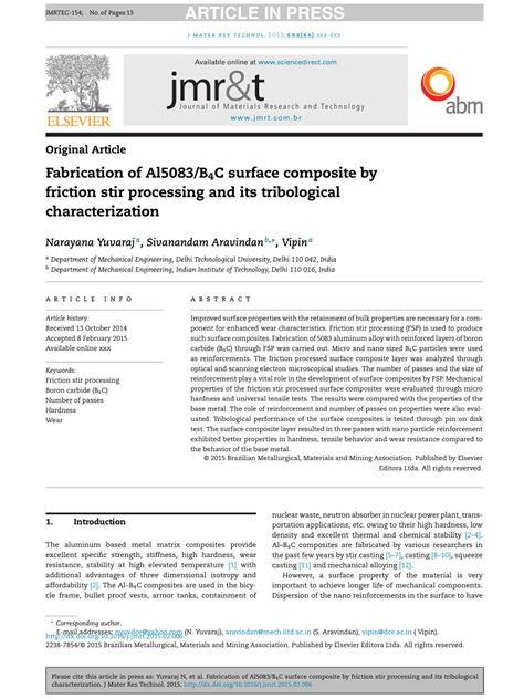 Pdf Fabrication Of Al5083 B4c Surface Composite By Friction Stir Processing And Its
