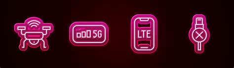 세트 라인 스마트 무인 항공기 시스템 5g 무선 인터넷 Lte 네트워크 및 아니 Usb 케이블 코드 빛나는 네온 아이콘 벡터 0명에 대한 스톡 벡터 아트 및 기타 이미지