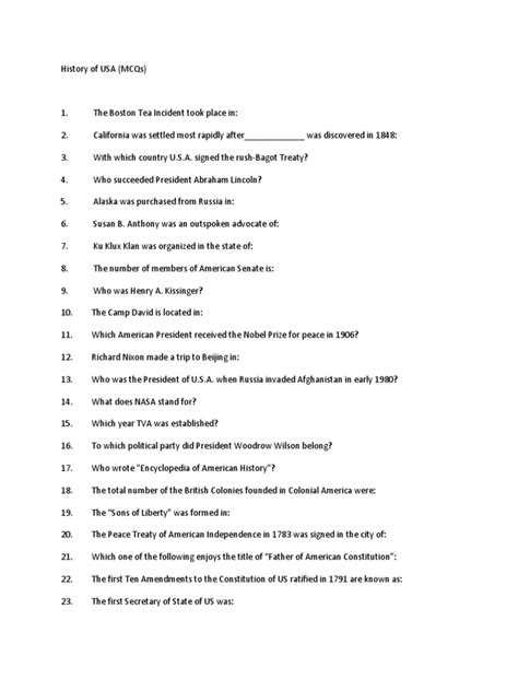 History Of Usa Mcqs Pdf Presidents Of The United States American