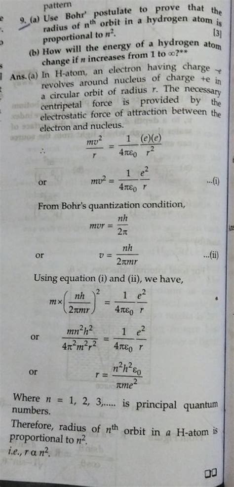 9 A Use Bohr Postulate To Prove That The Radius Of Nth Orbit In A Hy