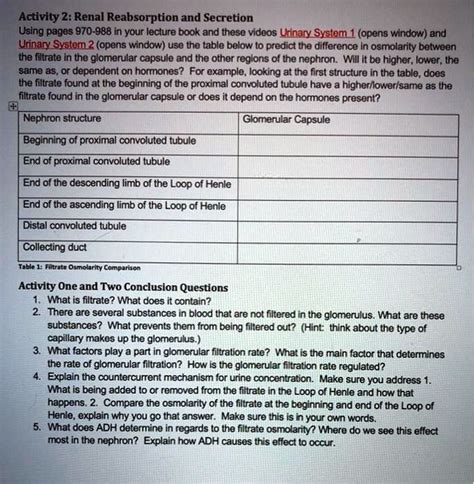 Activity 2renal Reabsorption And Secretion Using Pages 970 988 In Your Lecture Book And These