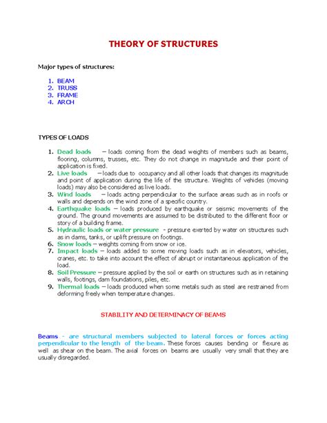 Structural Theory Notes Theory Of Structures Major Types Of