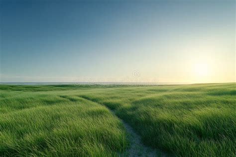 Rolling Green Grassland At Sunrise With A Clear Blue Sky And Gentle